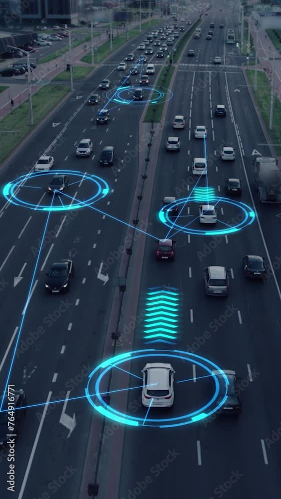 Smart intelligent road traffic concept, self-driving driverless cars ...