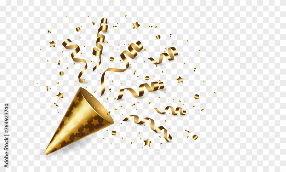 Vector exploding realistic golden party popper with gold ribbons and ...
