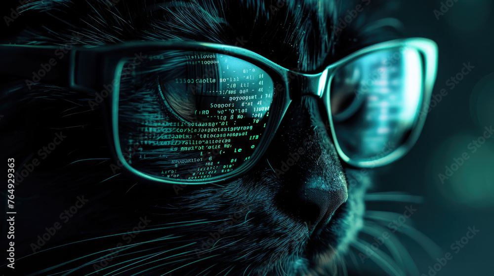 Cat as hooded hacker with reflection of computer code in glasses ...