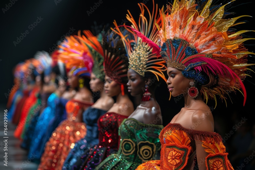 A uniform line of models in extravagant costumes and elaborate ...