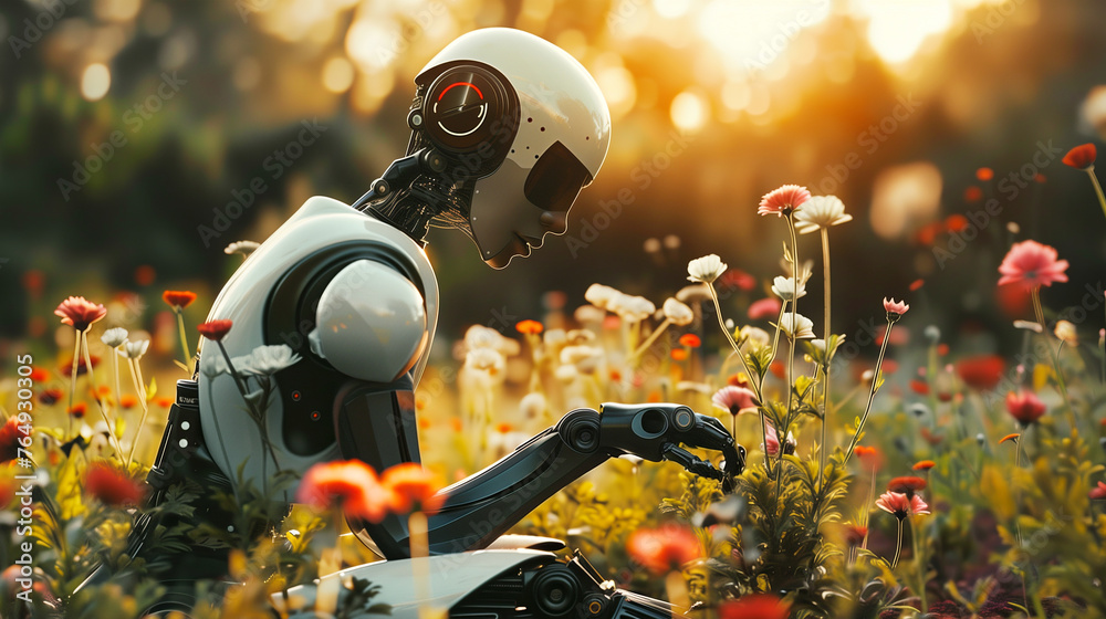 A mechanical robot plants fresh flowers in a fertile land. The farmer ...