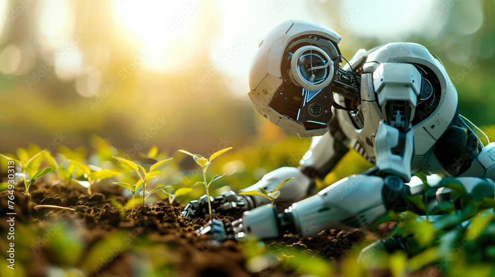 The robot revives the earth by planting fresh flowers. A mechanical ...