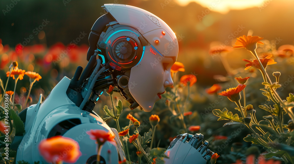 A mechanical robot woman plants fresh flowers in a fertile land. The ...