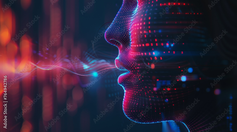 3d Rendered Interface Of A Voice Recognition Security System Displaying A Digital Human