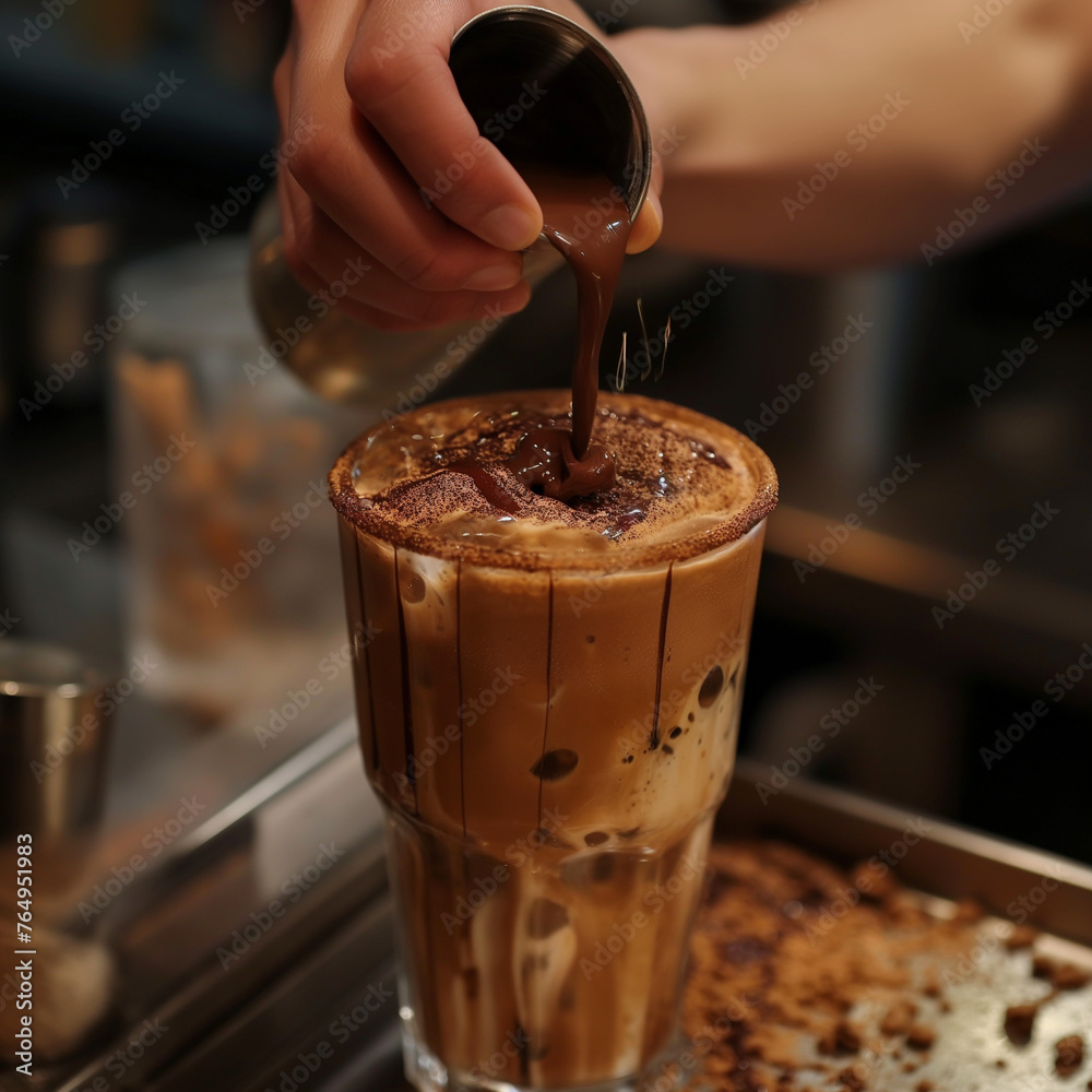 bartender pouring chocolate into a chocolate milkshake from a stainless ...