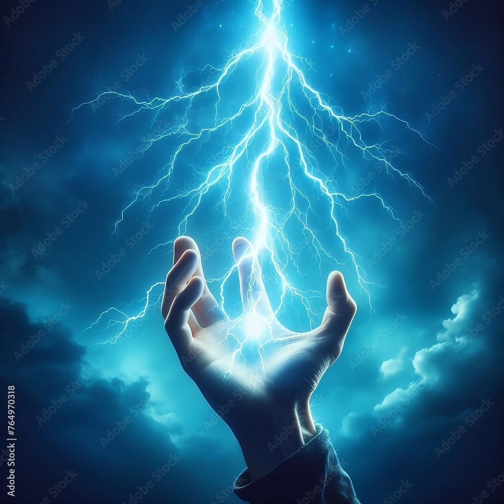 Hand holding up a lightning bolt. Energy and power. Stormy background ...
