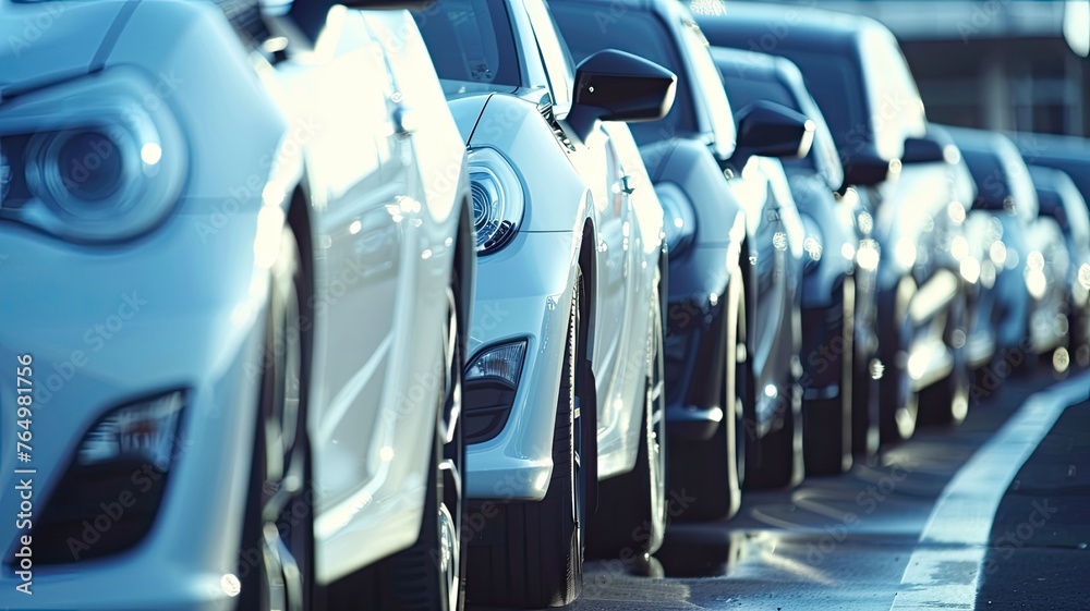 a row of modern cars displayed for sale on a car lot, set against a ...