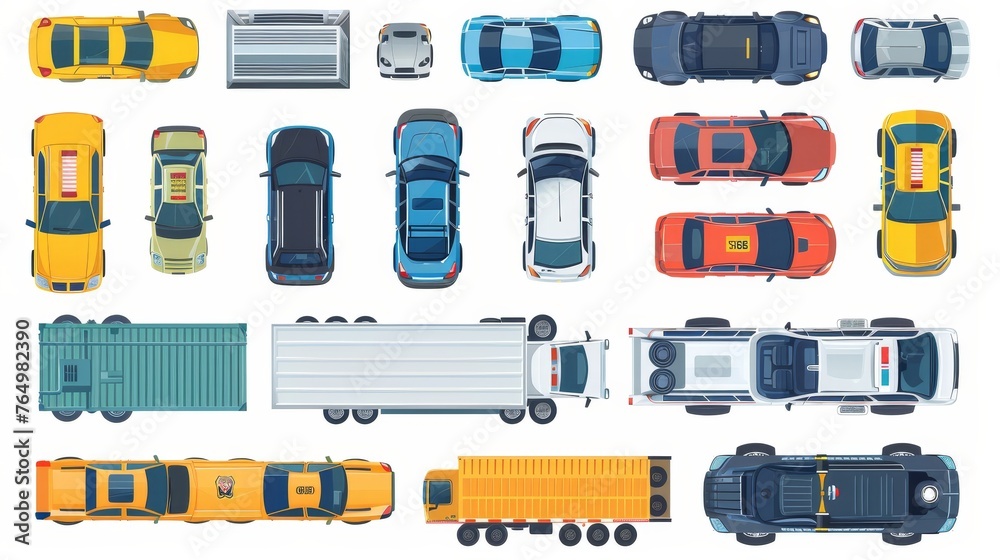 Taxis and SUVs, freight trucks, emergency automobiles. From above, road ...