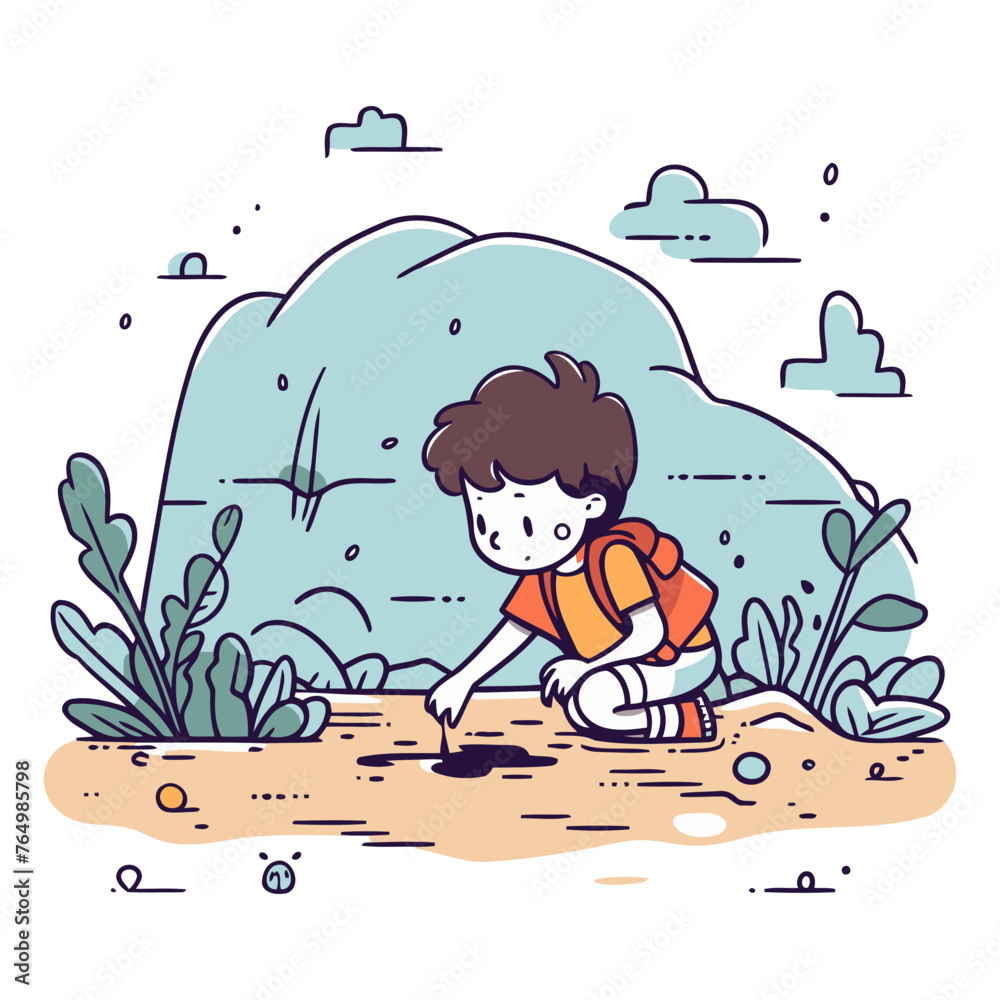 Vector illustration of cute cartoon boy sitting on the ground and ...