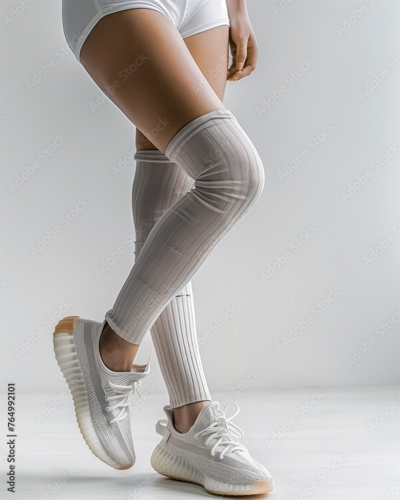 Photo of a white woman wearing grey high socks, sneakers, closeup on ...