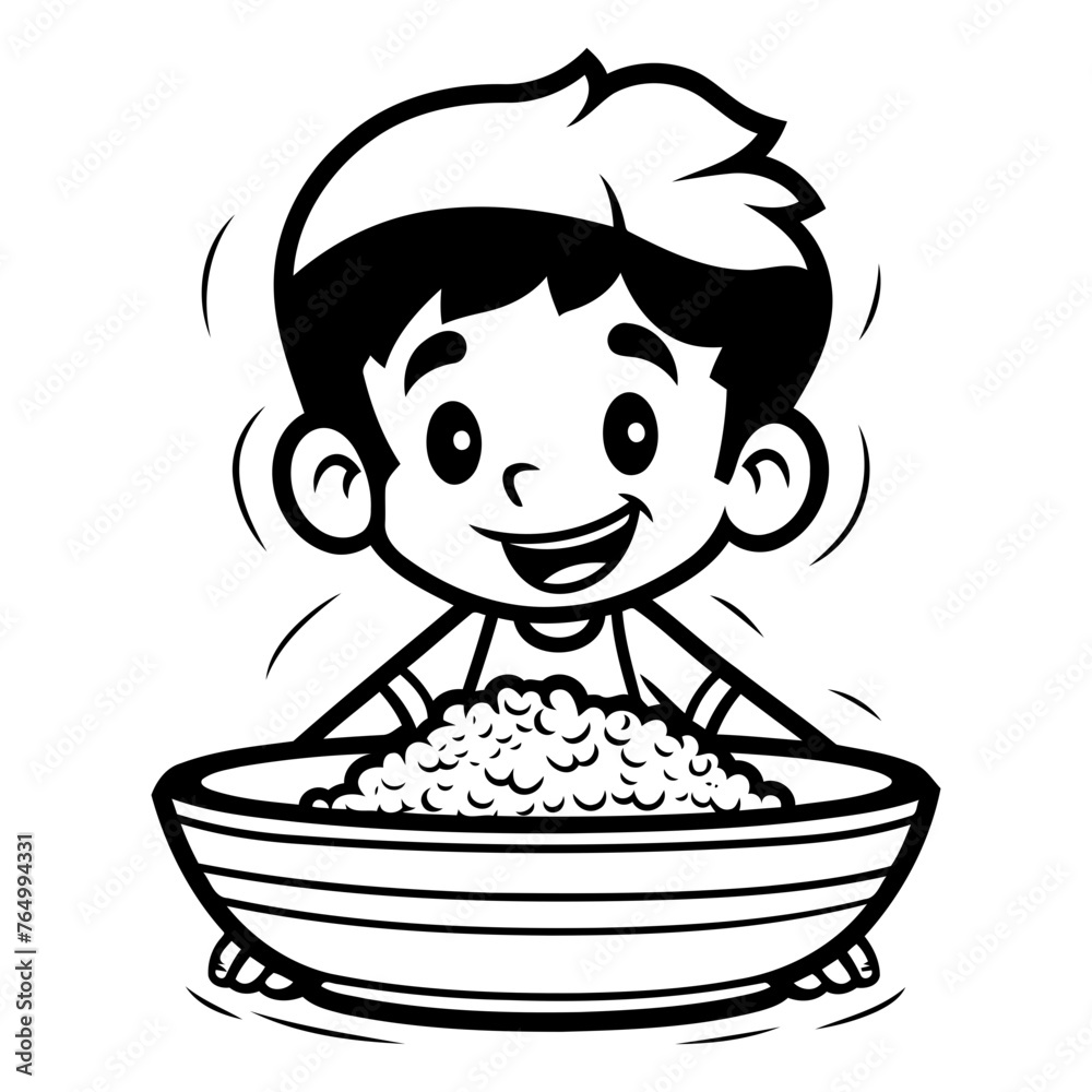 Vetor de Black and White Cartoon Illustration of Kid Boy Eating Rice ...