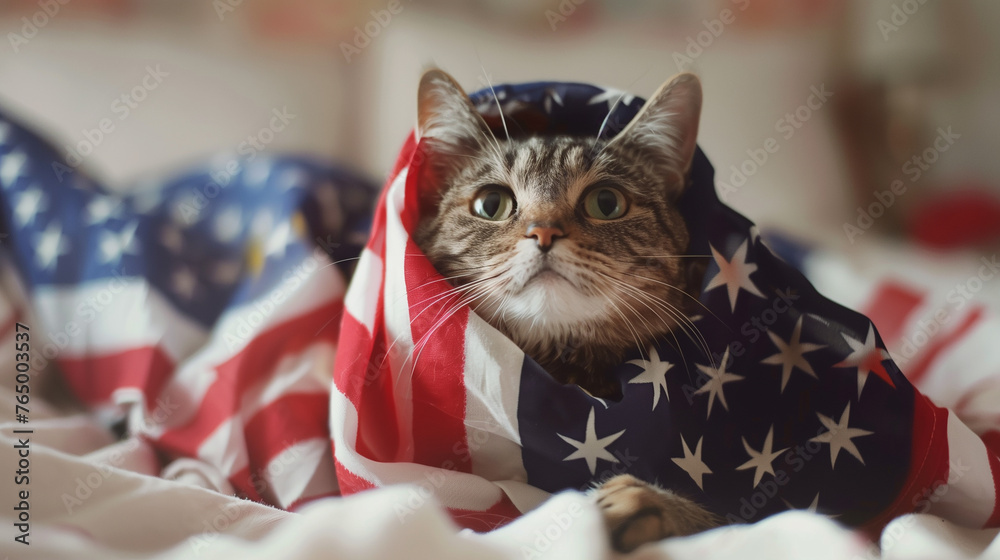 cute Cat wearing American flag. The concept of 4 July Independence Day ...