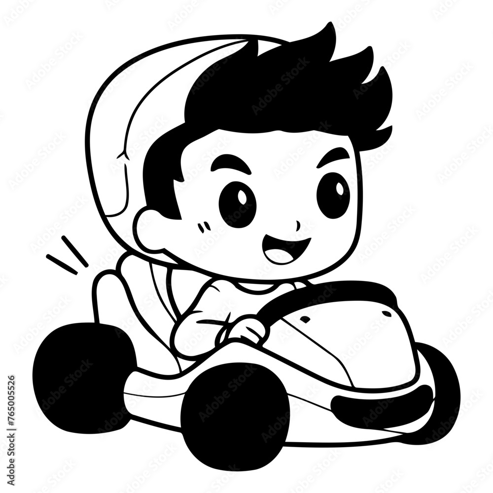 Cute boy driving a racing car. Vector cartoon character illustration ...