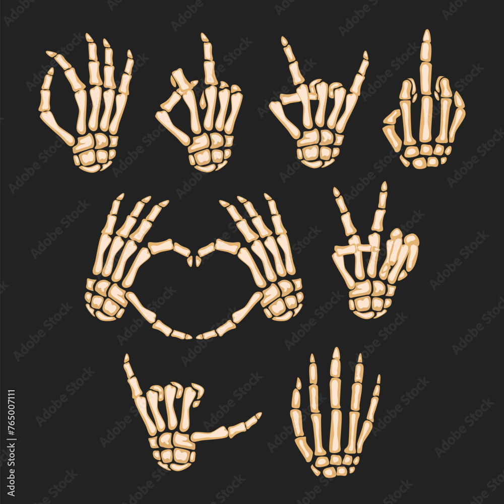 Set of white human skeleton bone hand collection with various gesture ...