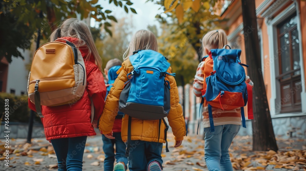 Group of joyful kids walking together to school in the morning ...