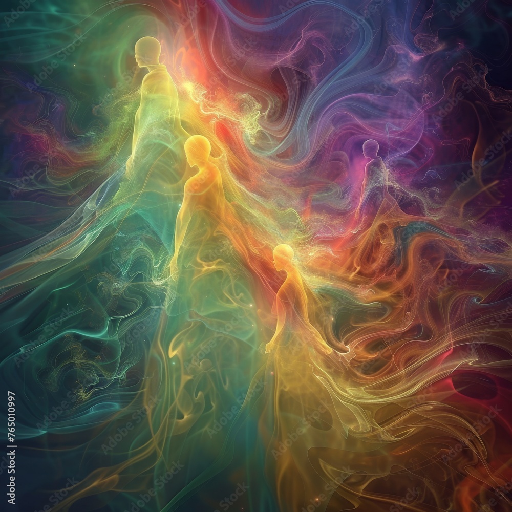 Ethereal figures ascend in a swirl of colors, portraying a transcendent ...