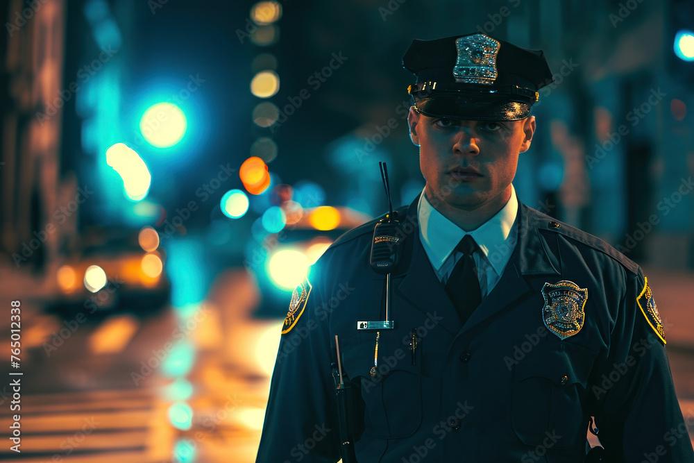 Police officer on duty protecting the city streets at night in uniform ...