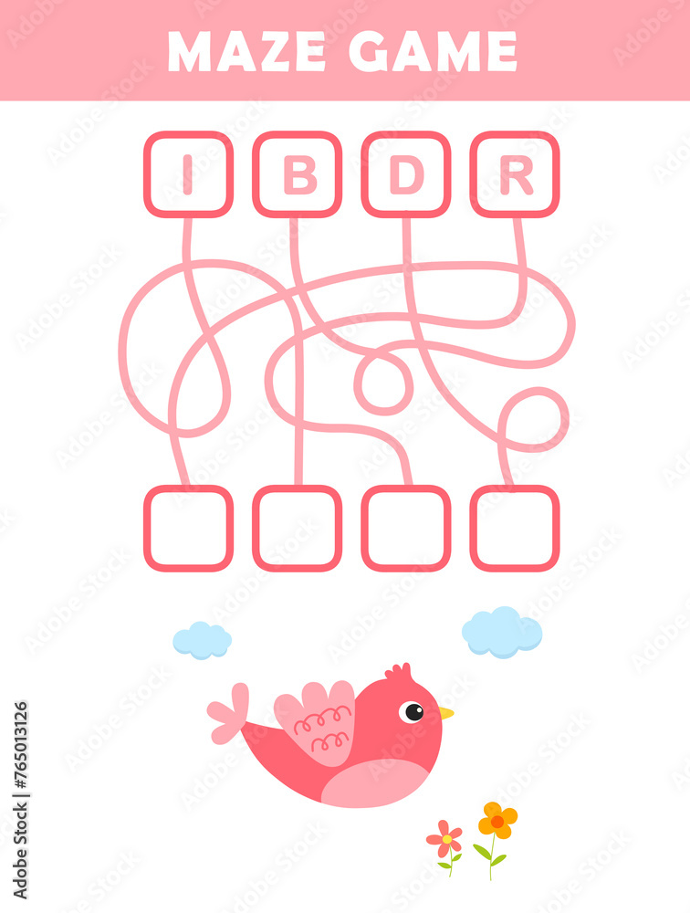 Word maze worksheet for kids with cute bird illustration. Labyrinth ...