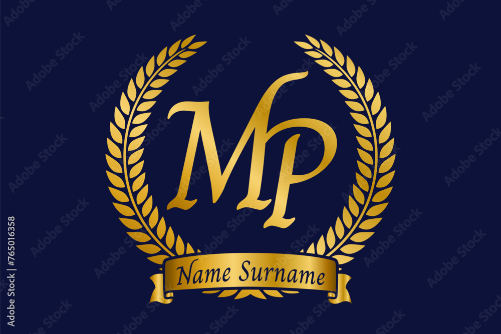 Initial letter M and P, MP monogram logo design with laurel wreath ...