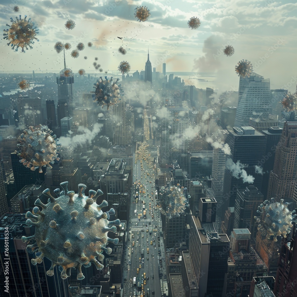 An ominous depiction of a city skyline under threat from large virus ...