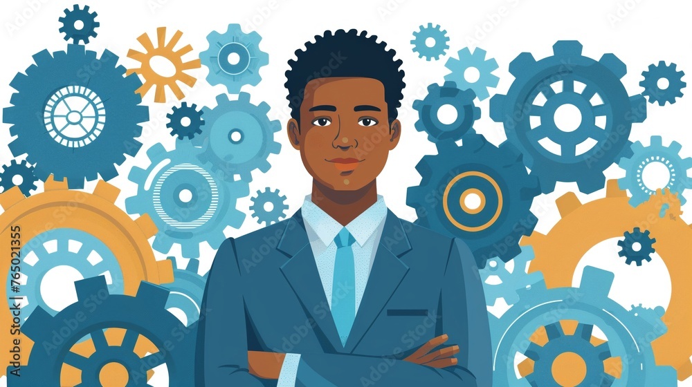 Cartoon networker in animated investor gear on white background for ...