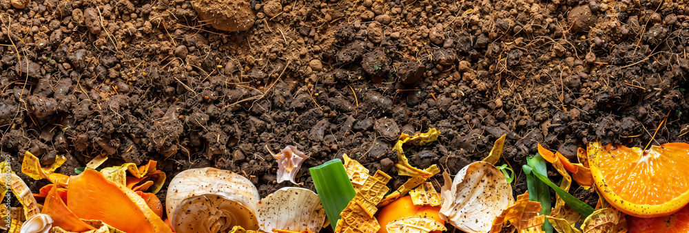 Compost banner background with soil and leftover food, recycling and ...