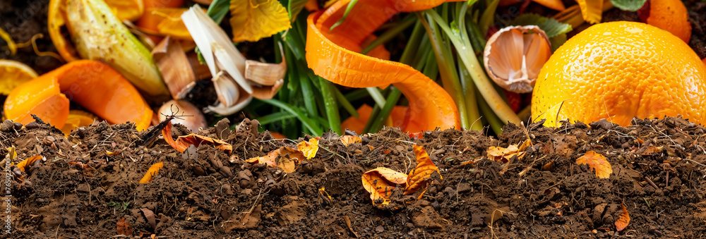 Compost background with soil and leftover food, recycling and organic ...