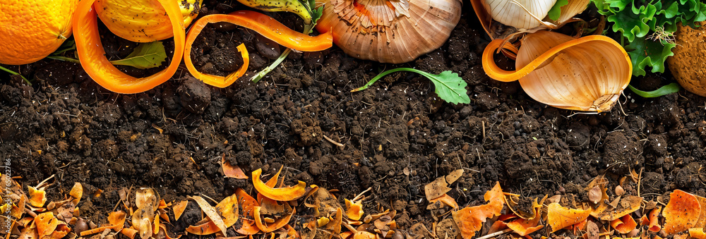 Compost banner background with soil and leftover food, recycling and ...
