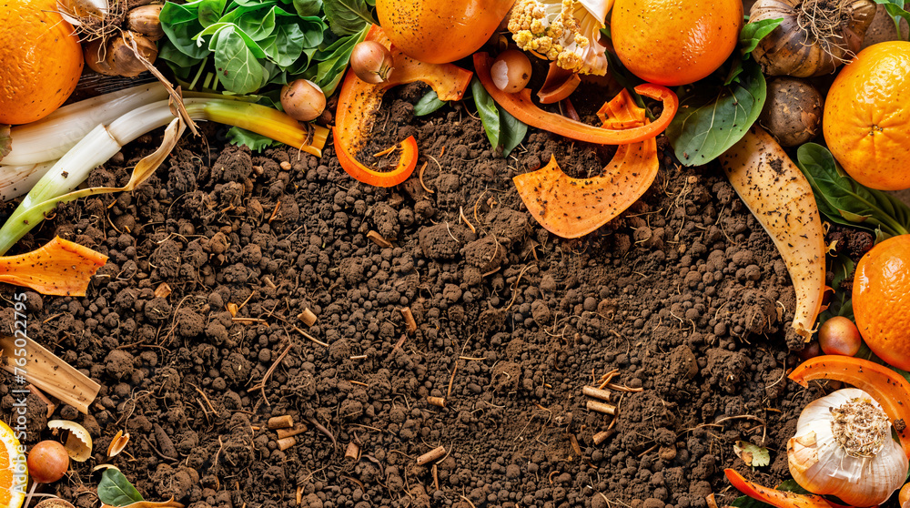 Compost background with soil and leftover food, recycling and organic ...