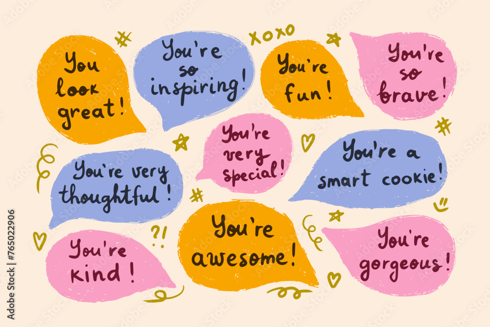 Set of speech bubbles with compliments, positive self-talk. Encouraging ...