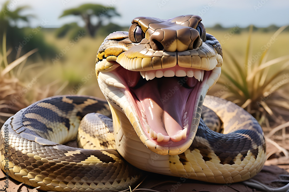 cartoon of a very large toothy smiling python with a wide smile. python looks at the camera with ...