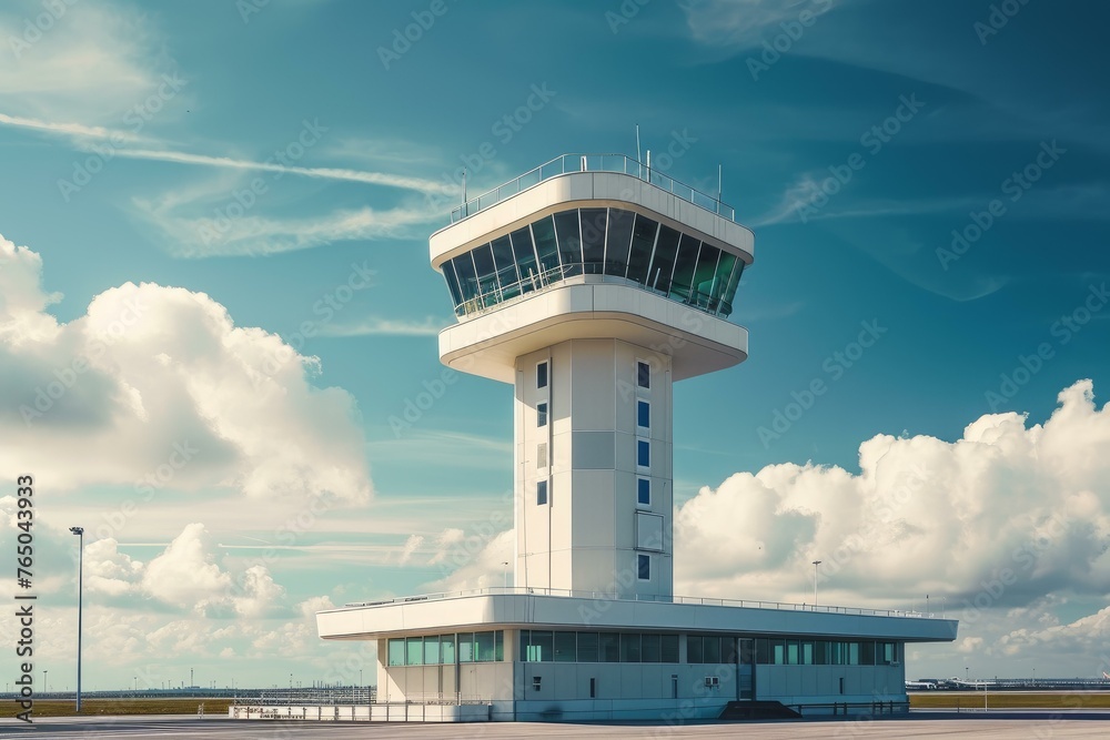 Strategic Airport control tower. Tall and glassy building with ...