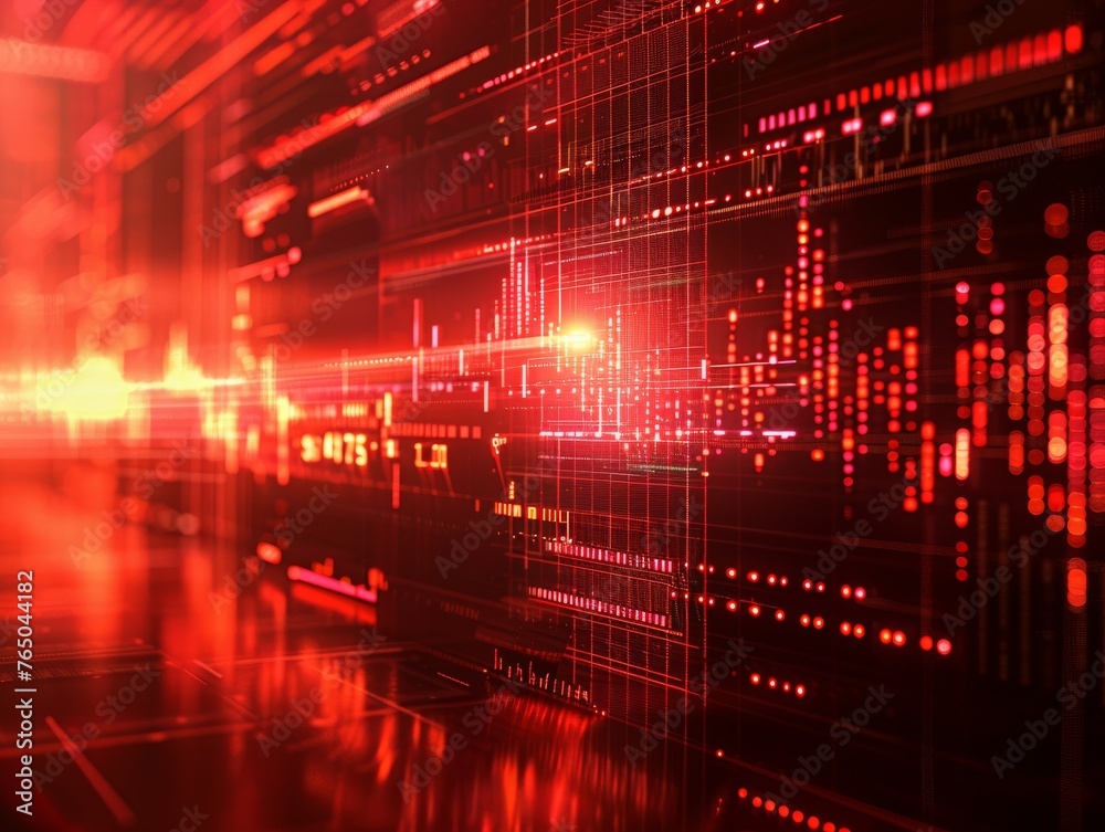 Urgent red tones flood the technology interface as the data monitor ...