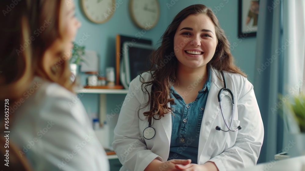Young smiling friendly doctor consulting her fat overweight woman ...