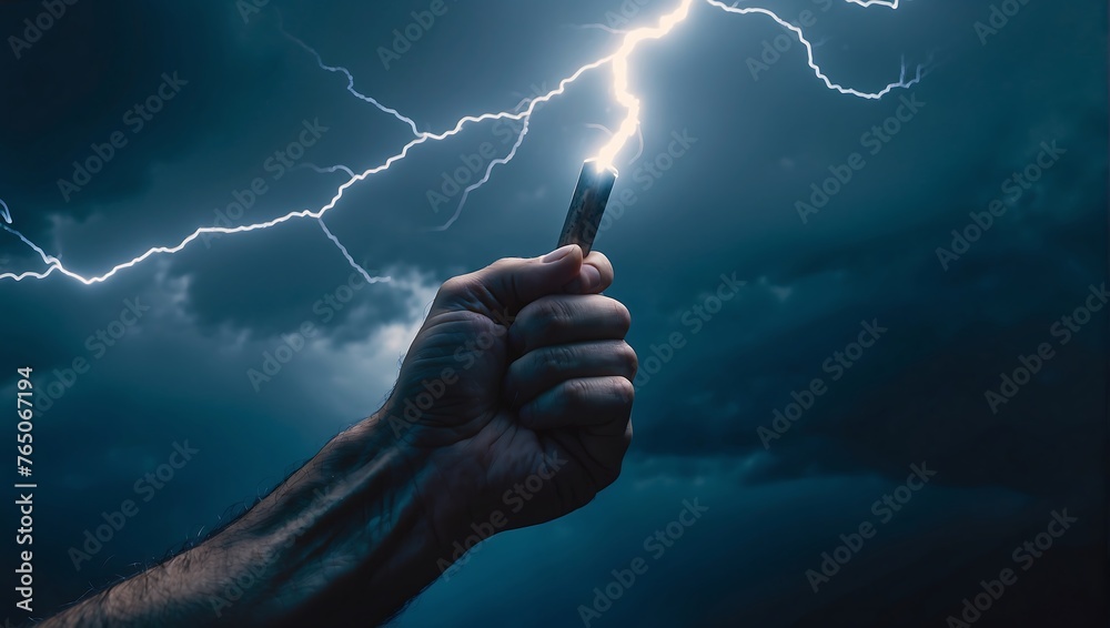 Hand holding lightning bolt. Energy and power. Storm background. Blue ...