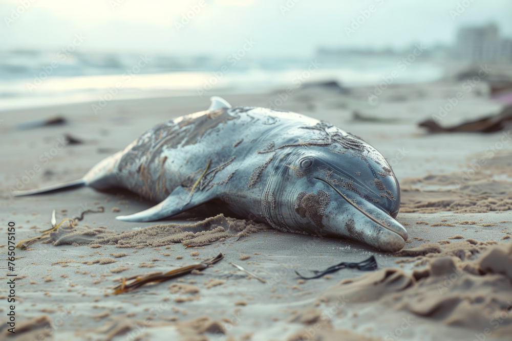 The body of a dead dolphin washed up on the beach, a motif of water ...