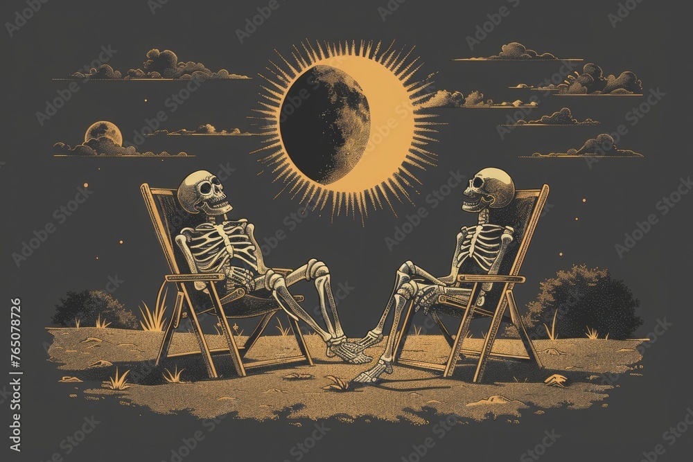 Two skeletons sitting in lawn chairs watching a total solar eclipse ...