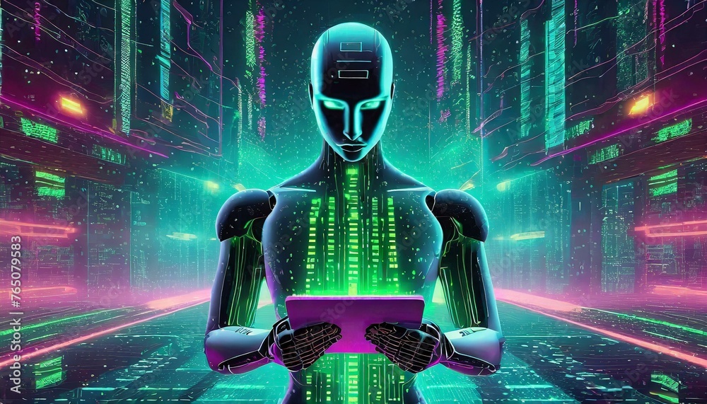 The Illustration Of A Humanoid Shaped Artificial Intelligence Performing Tasks On An Electronic