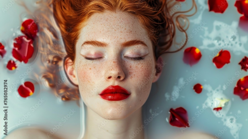 Attractive Young Ginger Woman Floating in Milk Bath with Red Rose ...