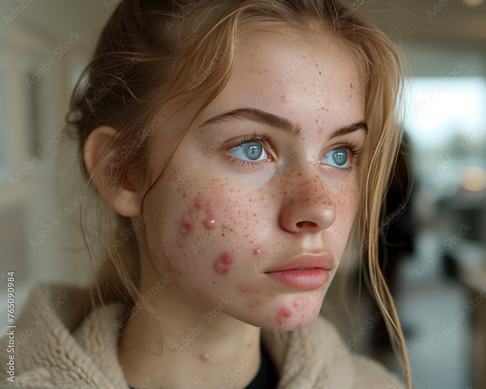 problem of acne on the chin of a young girl. acne on the face and ...