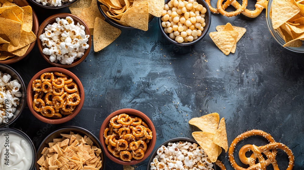 Various unhealthy snacks like chips, popcorn, and pretzels are arranged ...