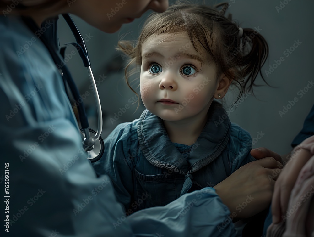 Curious toddler at a medical checkup with a doctor. Child in a ...