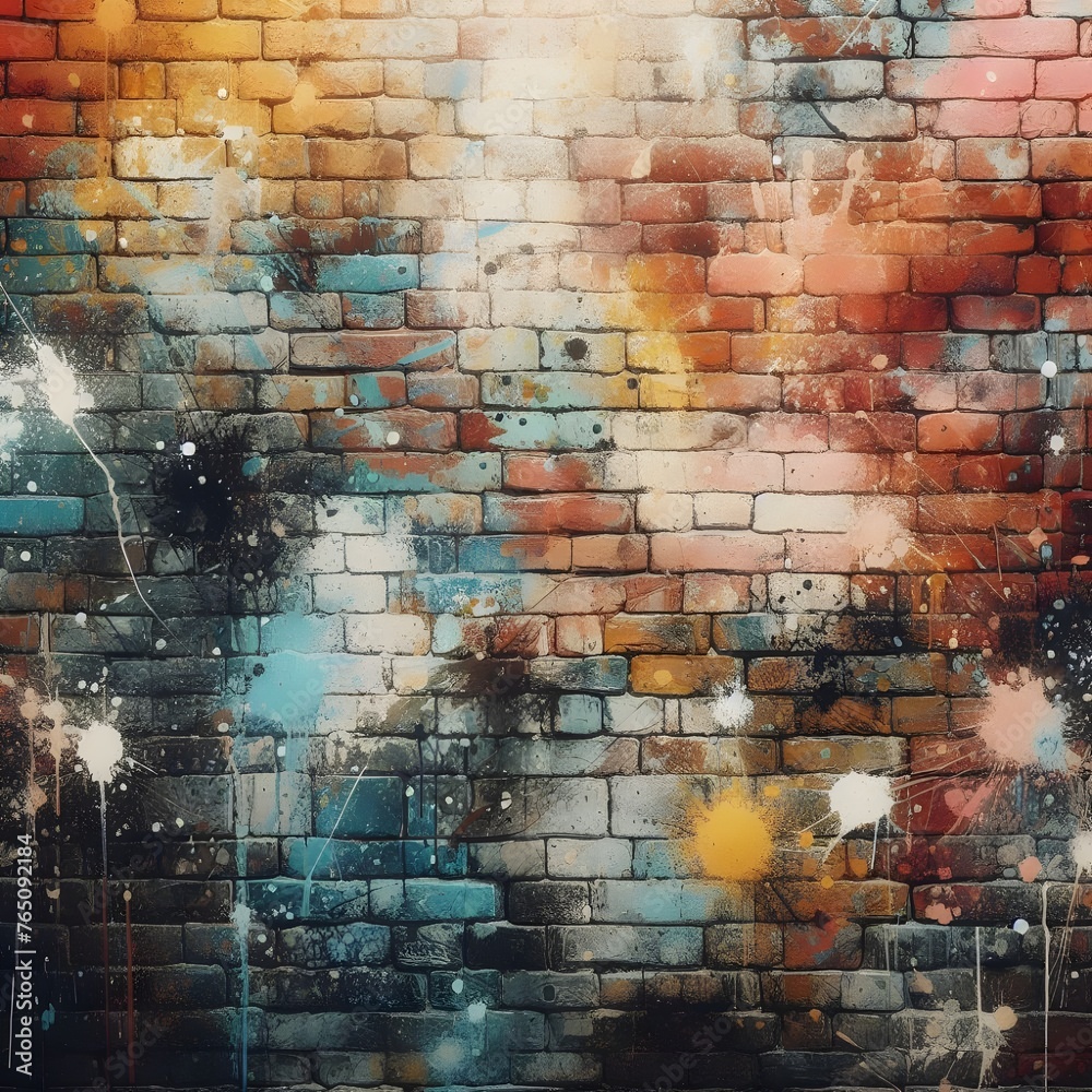 Vivid Graffiti Path: A striking spray of color on a textured brick ...
