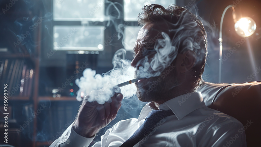 elegant man smocking cigarette in the office, man in the smoke, elegant ...