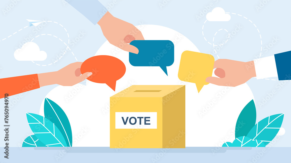 Vote ballot box. People's hands exchange ideas. Team cooperation and ...
