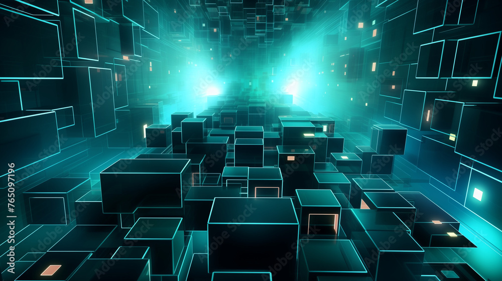 Abstract technological background with turquoise rectangles and lighs ...