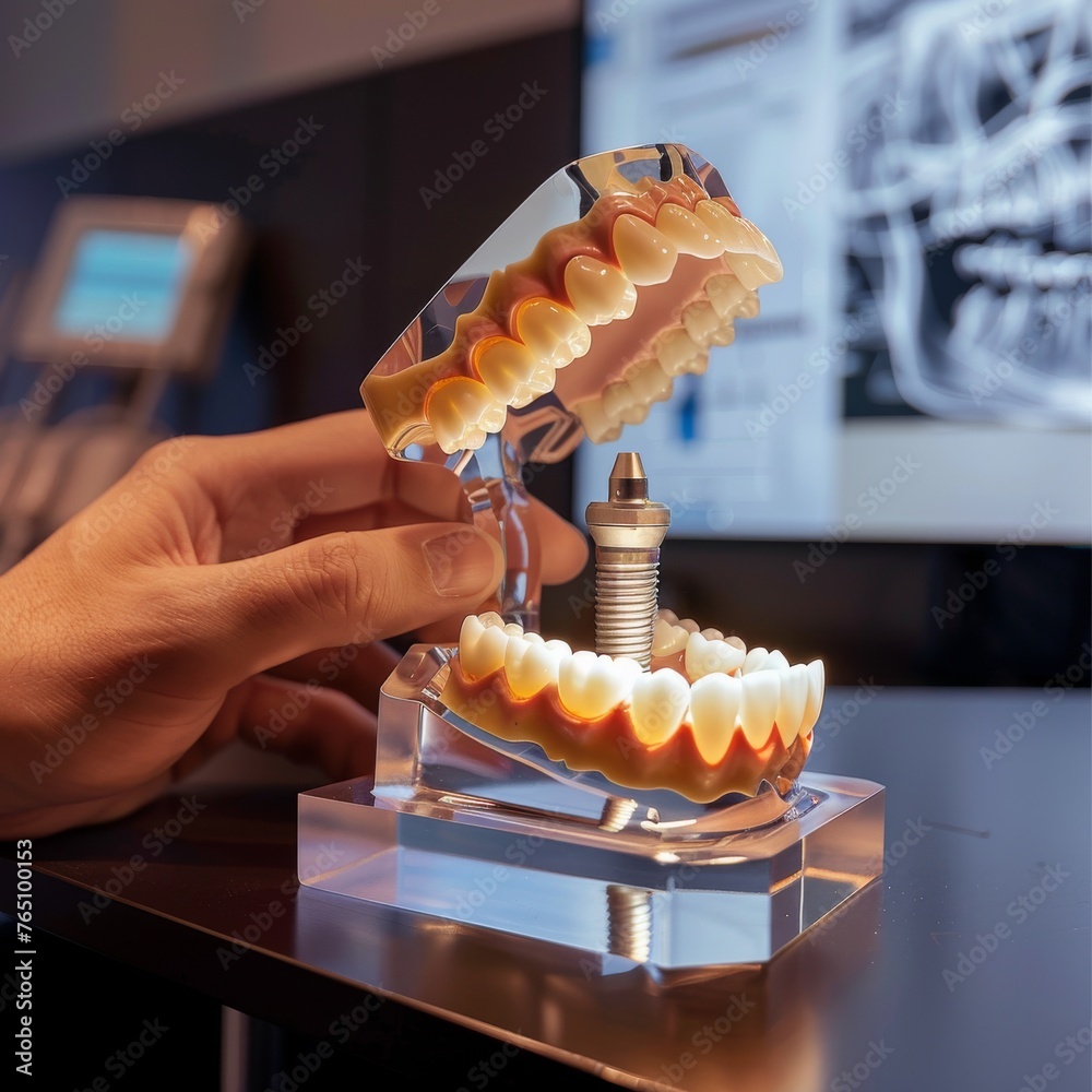 A dental implant demonstration model is held against a computer screen ...