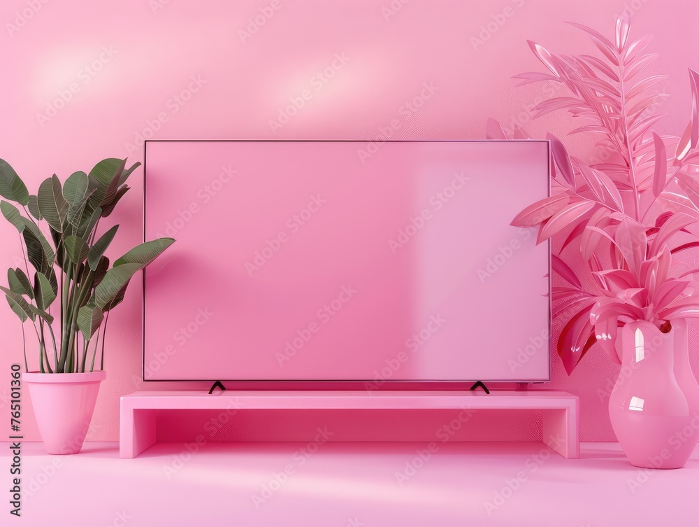 Pink themed room with modern TV setup - A modern, stylish living room ...