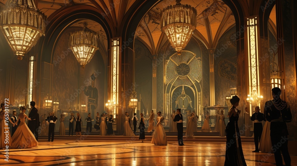 An art deco inspired ballroom from the 1920s, with elegant dancers and ...