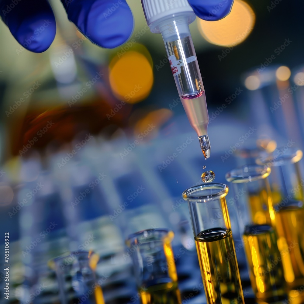 A precise droplet forms at the tip of a pipette, poised above a series ...